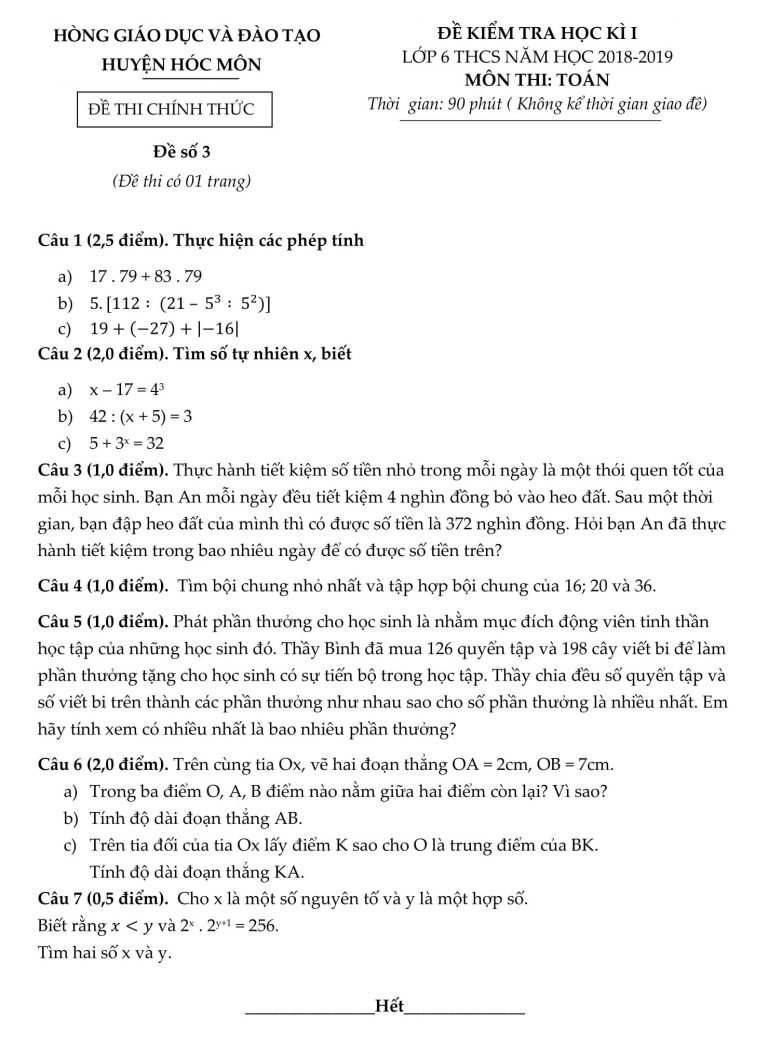 20 Đề thi HK1 toán 6 năm 2019 hướng dẫn đầy đủ chi tiết