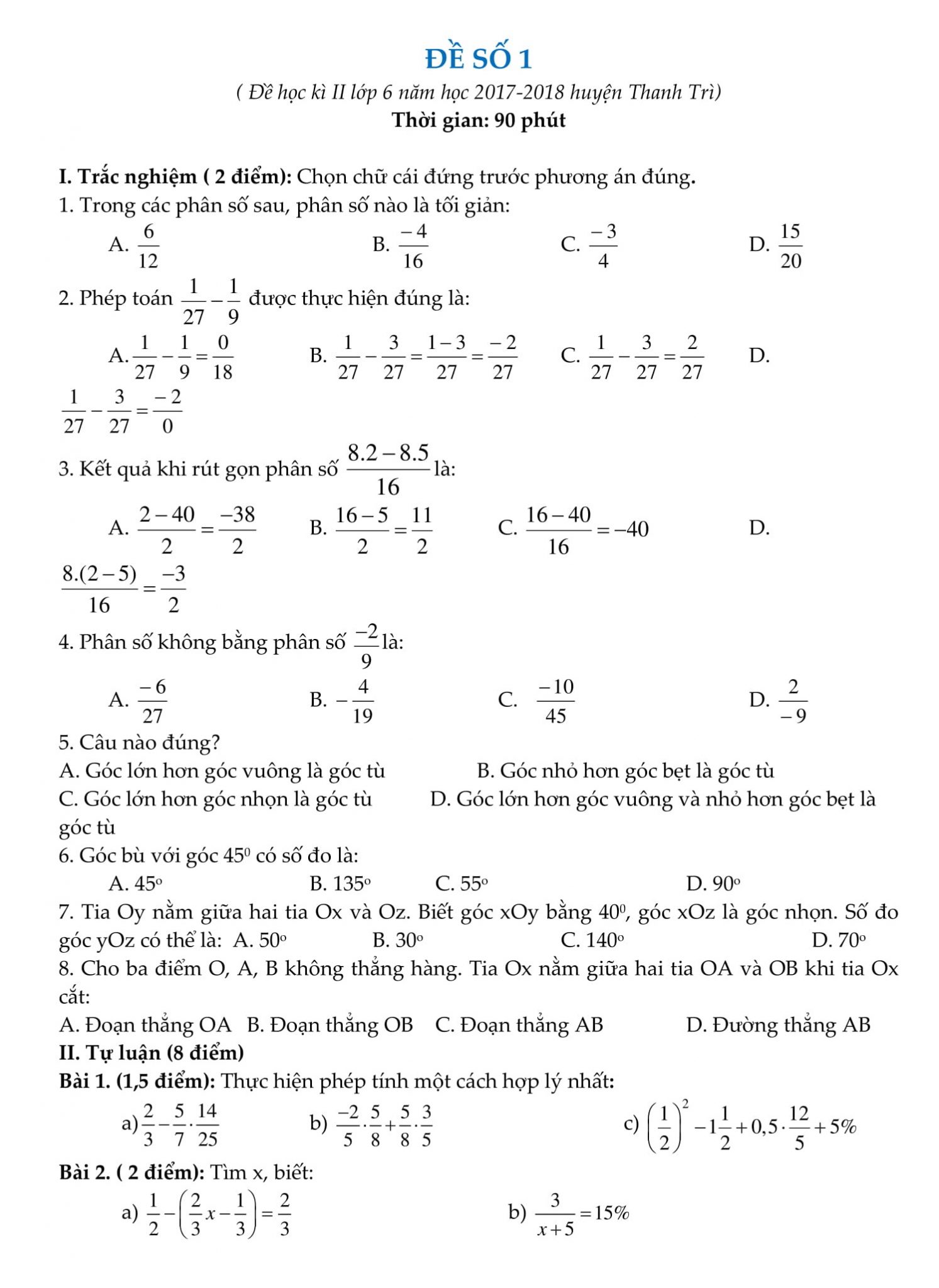 Đề thi HK2 Toán 6 (bài kiểm tra + giải)