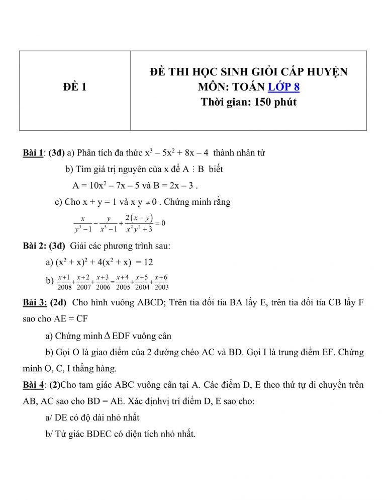 16 Đề thi HSG Toán 8 cấp huyện mới nhất